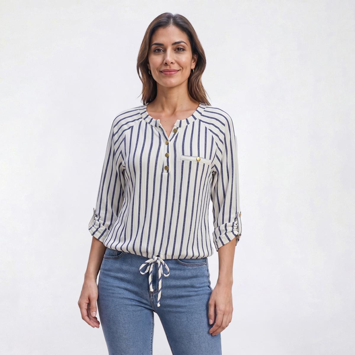 Click here for Womens Cure 3/4 Roll Tab Stripe Split Neck Henley... prices